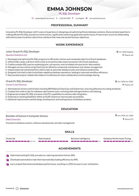 Pl Sql Developer Resume Sample Cv Sample 2020