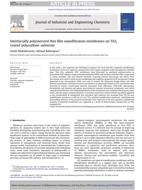 Pdf Interfacially Polymerized Thin Film Nanofiltration Membranes On