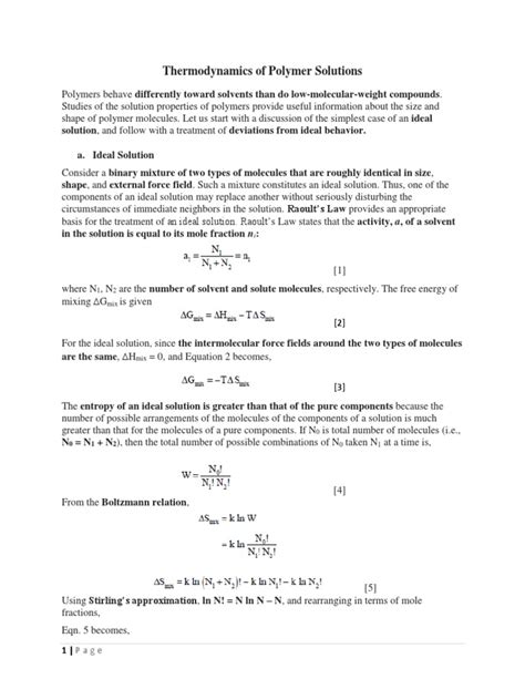 Lecture Notes Thermodynamics Of Polymer Solutions Pdf Polymers