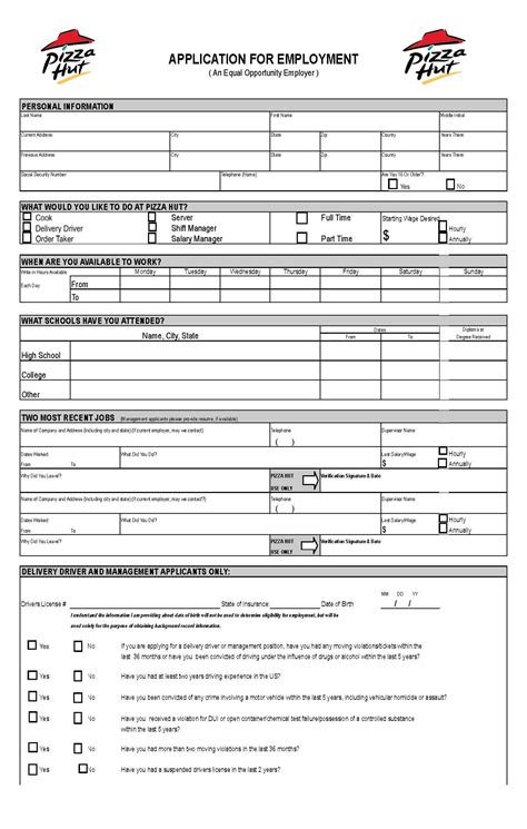Pizza Hut Job Application Form Printable Printable Forms Free Online