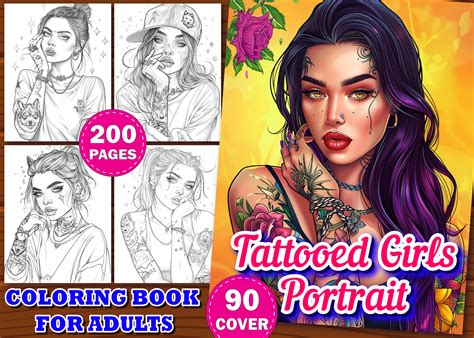 200 Tattooed Girl Portrait Coloring Book Illustration Par Design Shop