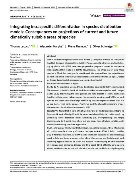 Pdf Integrating Intraspecific Differentiation In Species Distribution Models Consequences On