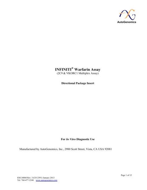 Infiniti Warfarin Assay Package Insert Autogenomics
