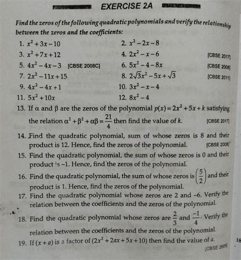 Exercise 2afind The Zeros Of The Following Quadratic Polynomials And Ver