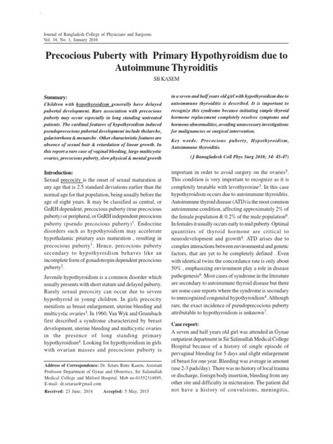 Precocious Puberty With Primary Hypothyroidism Due To Autoimmune