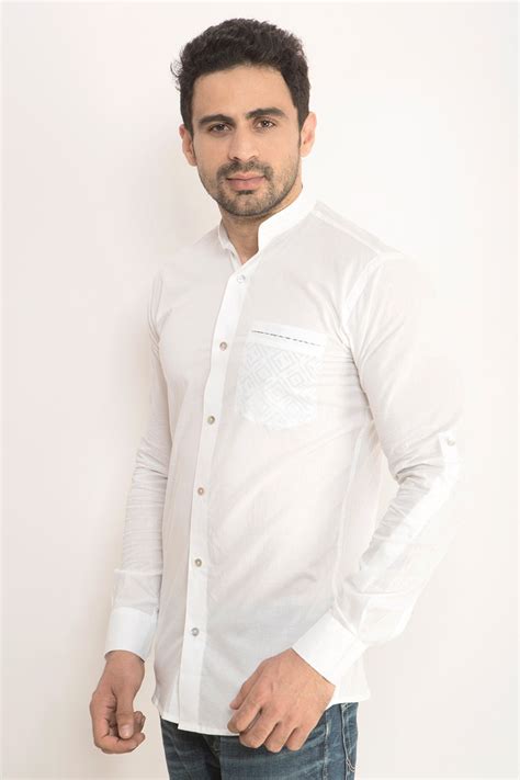 Mens Organic Cotton Chinese Collar Shirt With Printed Pocket Foldable
