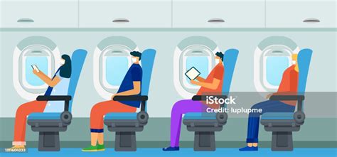 항공기 객실 벡터 일러스트레이션에 앉은 승객 만화 사람들은 편안하게 앉아 비행기에서 공기로 여행 관광 캐릭터 여행 경제에 대한