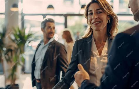 Premium Photo A Woman Wearing A Business Dress Approaches Two Men In