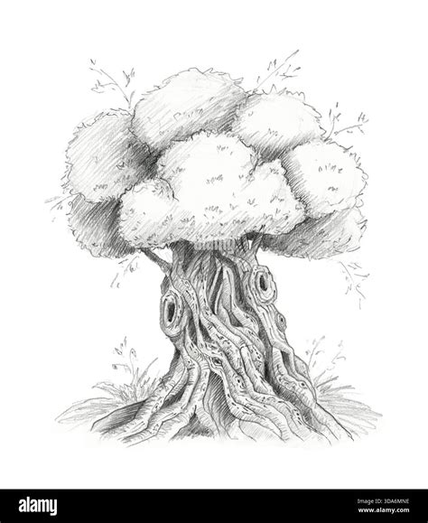 Old Olive Tree Black And White Hand Drawn Pencil Illustration Isolated