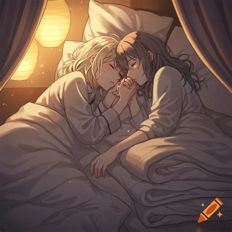 Two Anime Women Sleeping Peacefully In A Cozy Bed Holding Hands Warm Light From Lanterns
