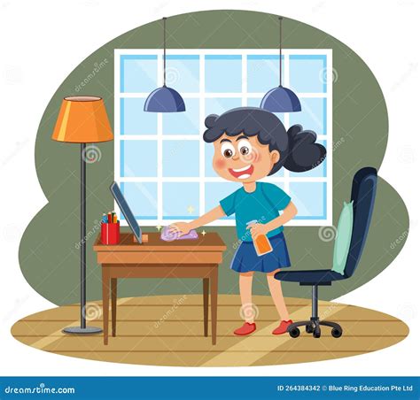 A Girl Cleaning In Computer Room Stock Vector Illustration Of