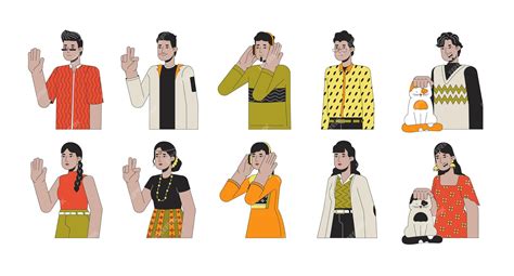 행복한 인도인 남아시아인 2d 선형 만화 캐릭터 세트 힌두 전통 고립된 선 ⁇ 터 사람 백색 배경 환영 헤드폰 새끼 고양이 애기