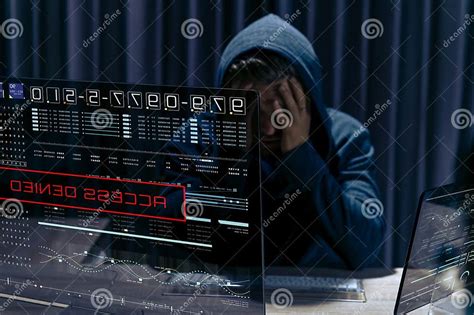 Hacker In Black Hood Use Computer And Failed In Cyber Attack Through Interne Stock Image Image
