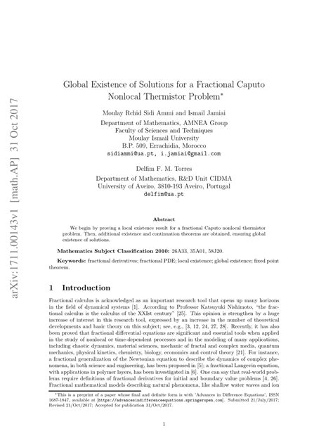 Pdf Global Existence Of Solutions For A Fractional Caputo Nonlocal Thermistor Problem