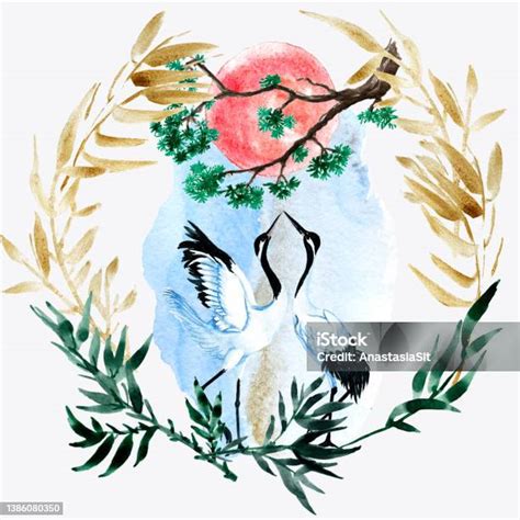 수채화 도면 회색 헤론이 호수에 서 있다 일본 빈티지 종이 골든 프레임 일러스트레이션 아시아 모티브가 있는 포스터 대두의 새들 벽에 인쇄 엽서 초대 갈대속 벼과에 대한 스톡