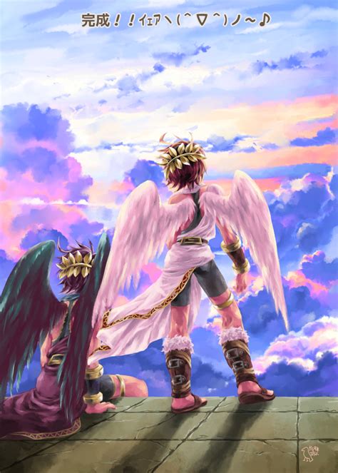 Safebooru 2boys Angel Belt Bike Shorts Bird Wings Black Hair Blue Sky