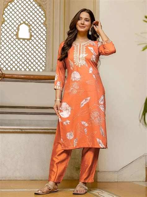 Muslin Embroidered Straight Kurta Set Navlik