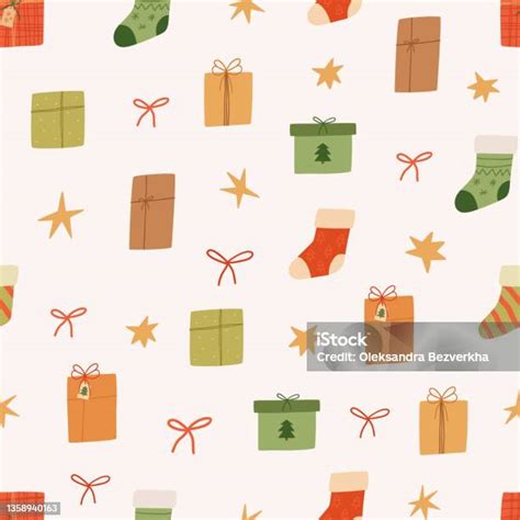 귀여운 크리스마스와 새해 복 많은 새해 원활한 패턴 선물 상자 별과 스타킹 벡터 만화 평면 일러스트레이션 12월에 대한 스톡