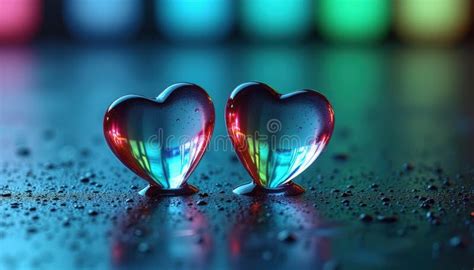 Two Colorful Heart Shaped Objects Standing On A Wet Surface With A Blurred Multicolored