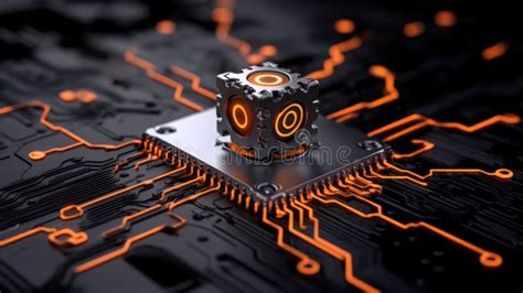 Futuristic Cube On A Circuit Board With Glowing Orange Lines Stock Illustration Illustration