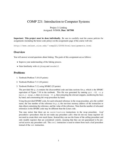 Introduction To Computer Systems In Project 3 Comp 221 Docsity