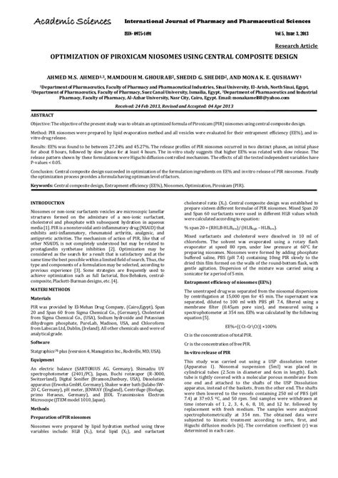 Pdf Optimization Of Piroxicam Niosomes Using Central Composite Design