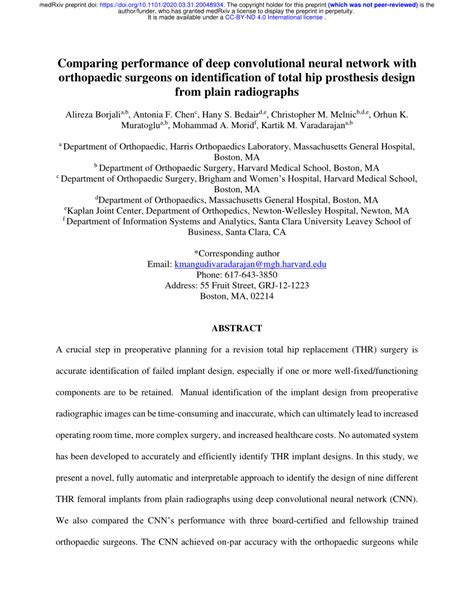 PDF Comparing Performance Of Deep Convolutional Neural Network With Orthopaedic Surgeons On