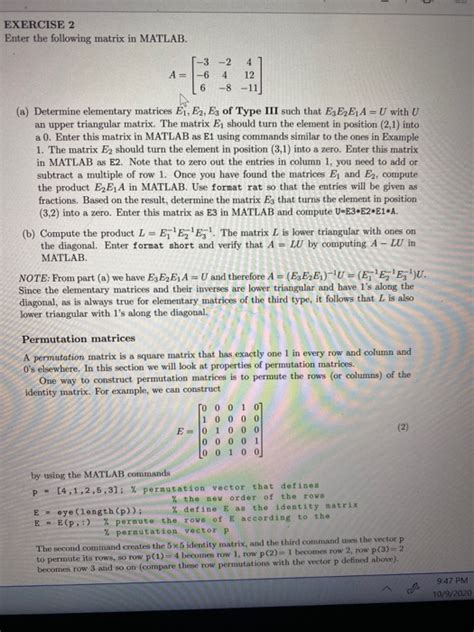 Solved EXERCISE Enter The Following Matrix In MATLAB Chegg