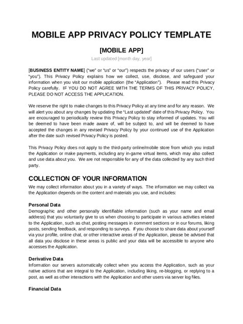 Mobile App Privacy Policy Template Doc Template Pdffiller