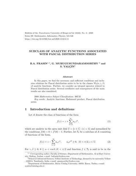 Pdf Subclass Of Analytic Functions Associated With Pascal