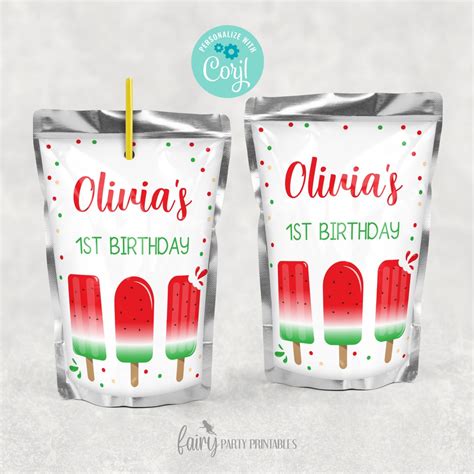 Editable Watermelon Popsicle Capri Sun Labels Juice Pouch Birthday