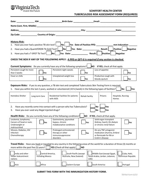 Tuberculosis Risk Assessment Form Schiffert Health Center Virginia