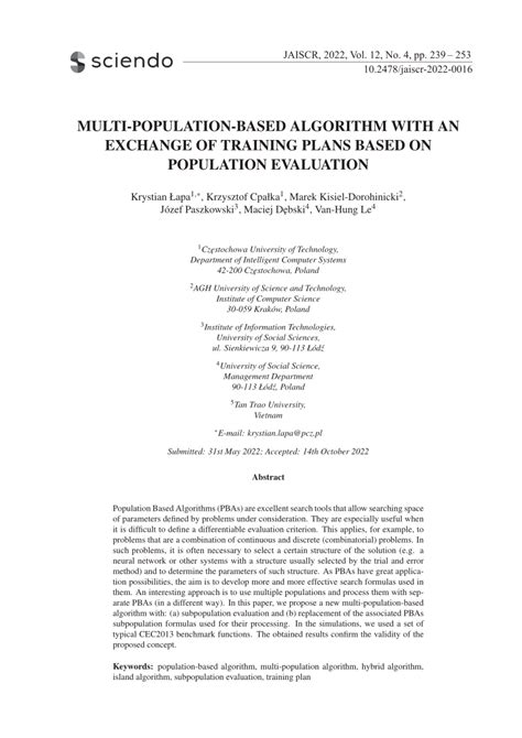 PDF Multi Population Based Algorithm With An Exchange Of Training Plans Based On Population