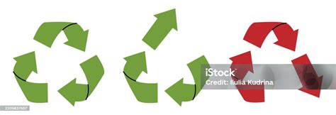 벡터 재활용 업 사이클링 및 다운 사이클링 표지판 흰색 배경에 고립 된 아이콘 집합 녹색과 빨간색은 생태 디자인 표시 제품