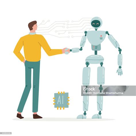 Ai 로봇 인간과의 악수 미래 지향적 인 인공 지능 기술 개념 디지털 기술 로봇 혁신 플랫 손으로 그린 벡터 일러스트 레이 션