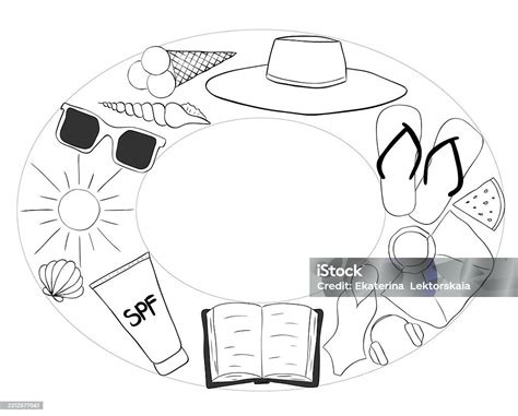 Beach Essentials 텍스트용 타원형 프레임 템플릿 벡터 그래픽 라인 잉크 그림 여름 세일 프로모션 라운드 보드는 해변의 물건으로 둘러싸여 있습니다 포장을 위해