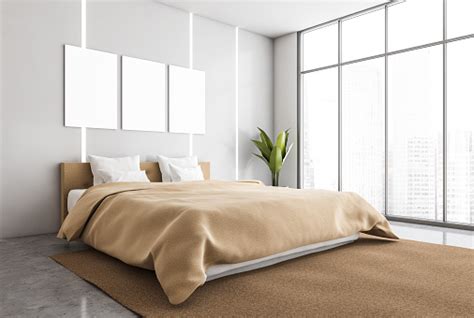 침실 인테리어 창문 근처 카펫에 린넨베이지 침대 위의 모형 프레임 0명에 대한 스톡 사진 및 기타 이미지 0명 3차원 형태 가구 Istock