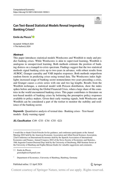 Pdf Can Text Based Statistical Models Reveal Impending Banking Crises