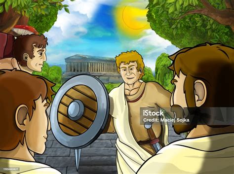 도시로 가는 길에 사원과 같은 고대 건물 근처의 로마 또는 그리스 고대 캐릭터가있는 만화 장면 건축에 대한 스톡 벡터 아트 및 기타 이미지 Istock