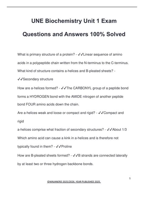 Une Biochemistry Unit 1 Exam Questions And Answers 100 Solved