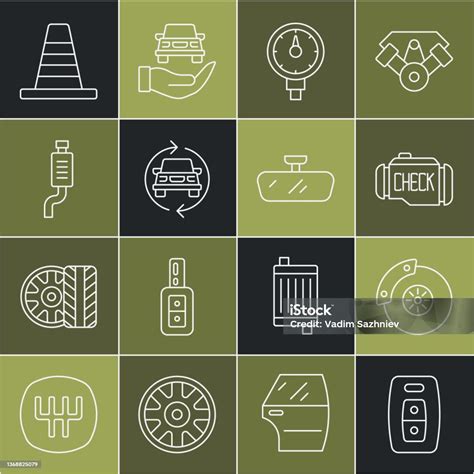 리모컨 브레이크 디스크 캘리퍼 체크 엔진 타이어 압력 게이지 서비스 머플러 교통 콘 및 미러 아이콘을 갖춘 세트 차량 키를