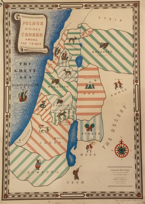 Rare Vintage Jewish Biblical Animated Poster Map Of 12 Tribes In The