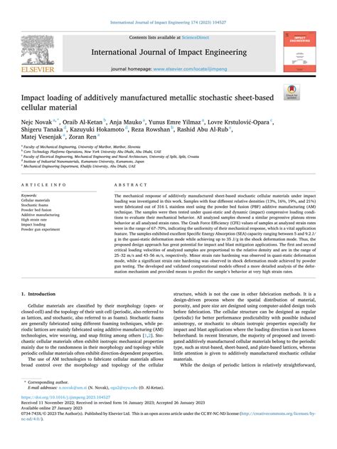 Pdf Impact Loading Of Additively Manufactured Metallic Stochastic Sheet Based Cellular Material