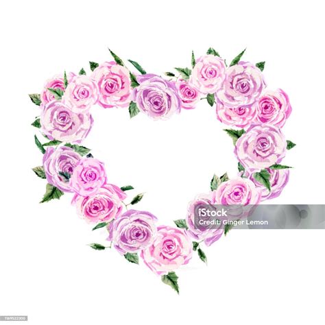 꽃 하트 모양의 결혼식 이나 발렌타인 데이 디자인 템플릿입니다 나뭇잎핑크 무리 장미 수채화로 그려진 손으로 흰색으로 분리되어 있습니다 하트 내부의 텍스트에 대한 공백