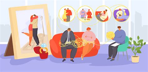 심리 치료 벡터 일러스트에 커플 만화 슬픈 성인 가족 사람들이 조언을 심리 치료사를 방문 정서적 문제에 도움 Mental Wellbeing에 대한 스톡 벡터 아트 및 기타