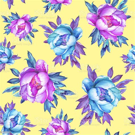 노란색 바탕에 꽃 분홍색과 파란색 모란과 꽃 완벽 한 패턴입니다 수채화 손으로 그린 그림 그림입니다 팝 아트 스타일 절연입니다 직물을 위한 디자인 종이 벽지를 포장 꽃