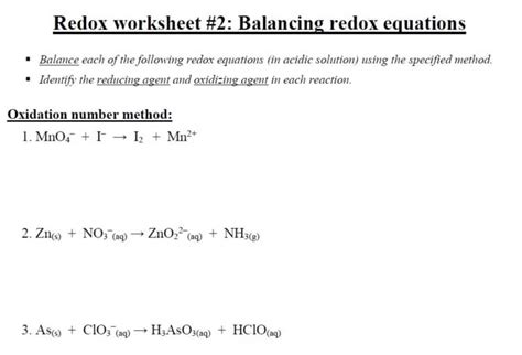 Redox Worksheet 2 Balancing Redox Equations By Serious Senior Chemistry
