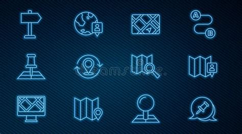 Set Line Push Pin Folded Map With Location Marker Gps Device Map Road Traffic Sign Search