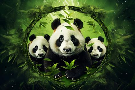 Premium Photo Three Pandas Are In A Circle Of Leaves And One Has A