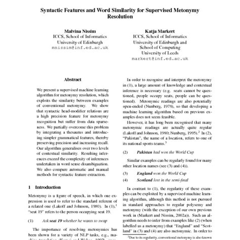 Syntactic Features And Word Similarity For Supervised Metonymy Resolution Acl Anthology